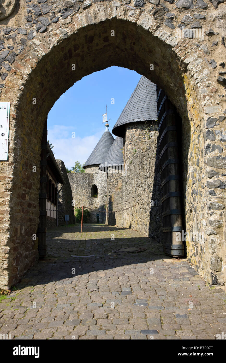 Open gate of ruin of the Nürburg Castle in the middle of the ...
