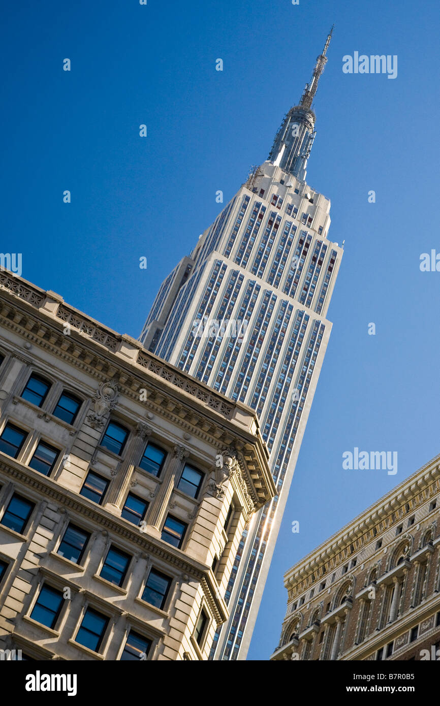 Low angle view of the Empire State Building on a sunny day with a clear ...