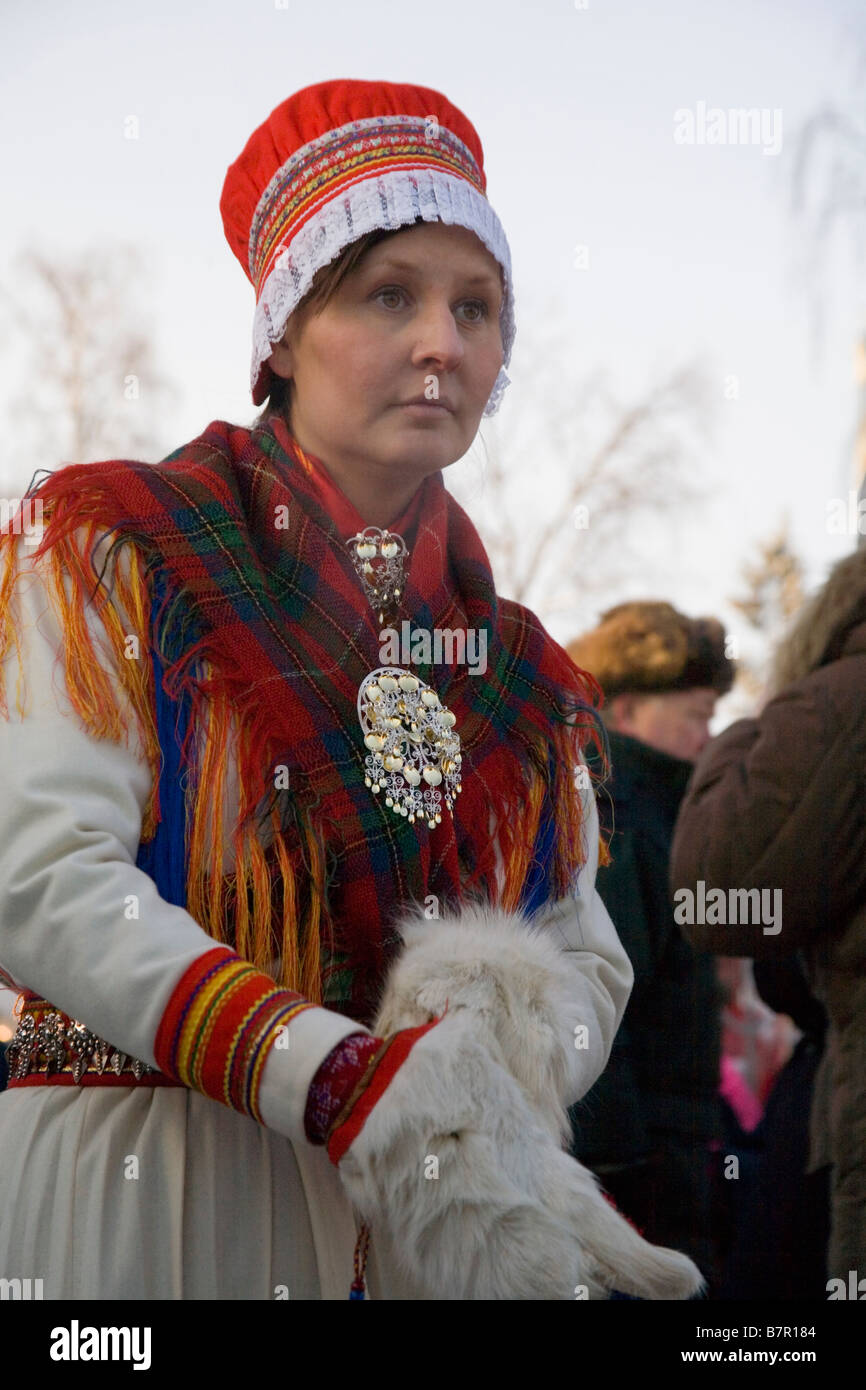 Same woman reindeer caravan Jokkmokk fair Sweden Winter Stock Photo - Alamy