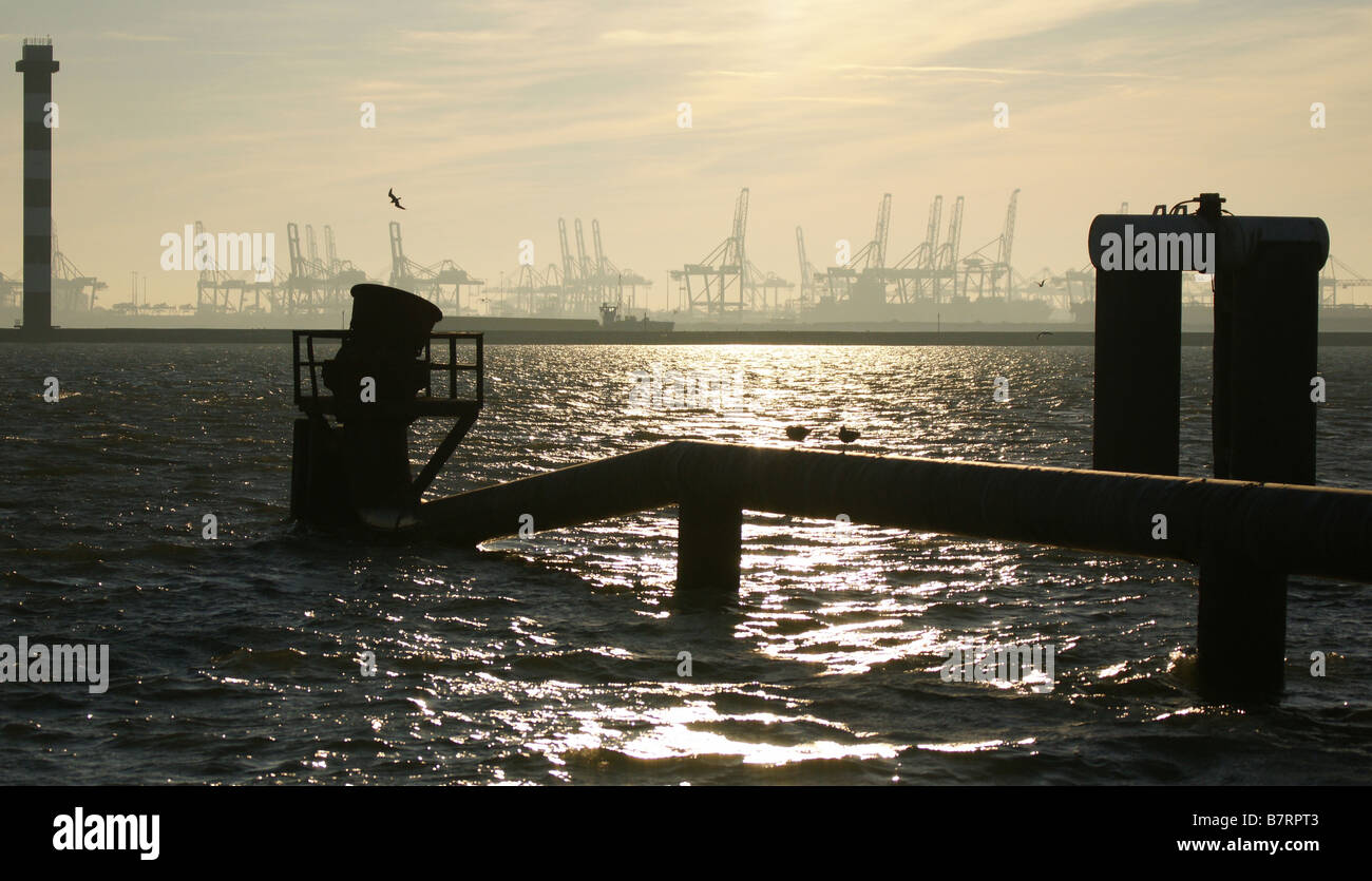 Pipeline lighthouse tower mast and ship cranes at Europort port harbour ...