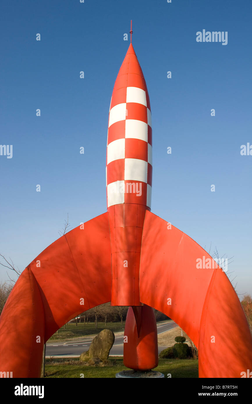 Red and white rocket model. blue sky. Hergé Tintin story. moon landing ...