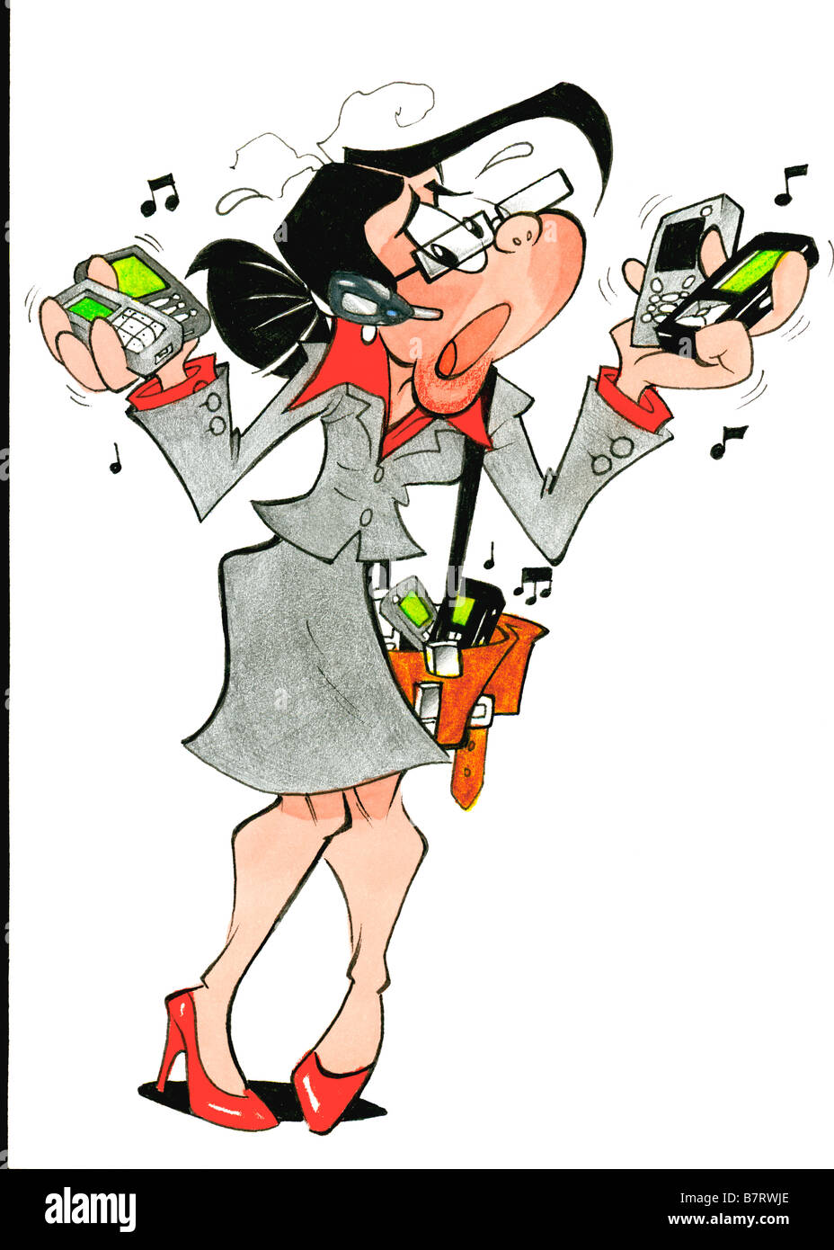business woman with several mobile phones rushed off her feet late for ...