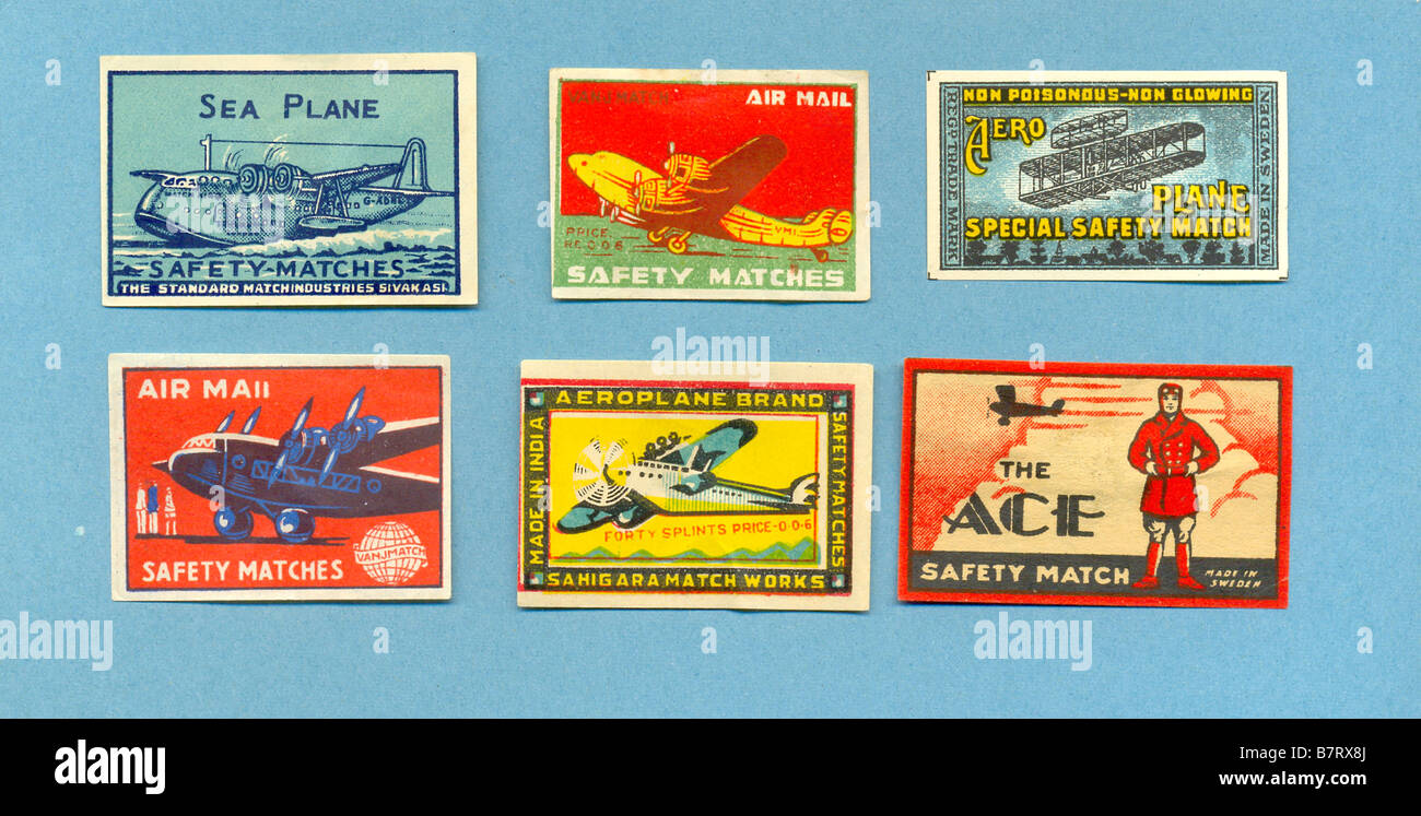 Matchbox labels featuring aeroplanes circa 1930 Stock Photo - Alamy