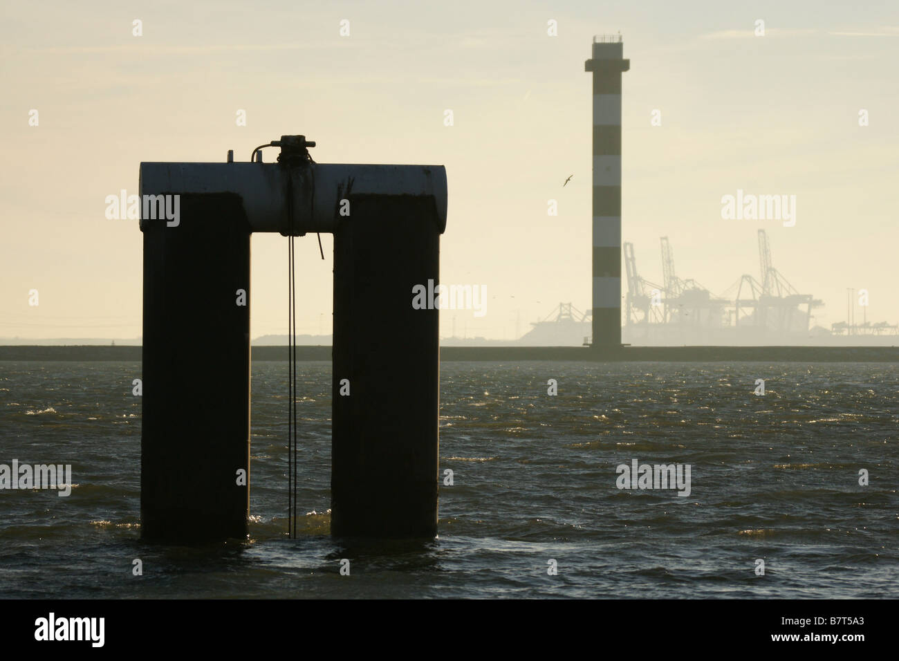 Pipeline lighthouse tower mast and ship cranes at Europort port harbour ...