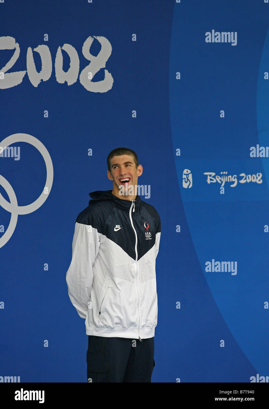 Michael Phelps in the medal ceremony of one of his eight gold medals at ...