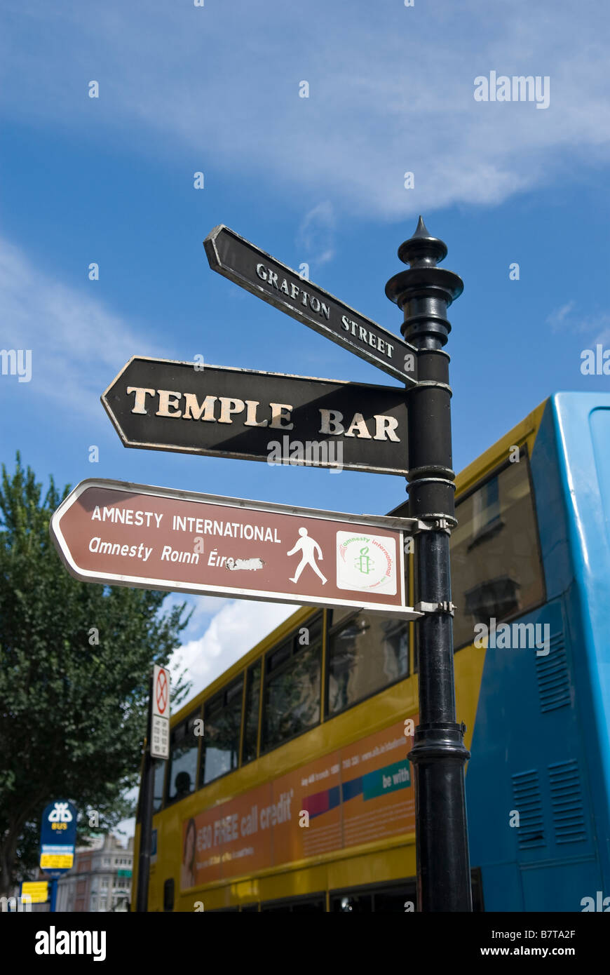 Temple Bar sign and bus, Temple Bar district, Dublin Ireland, August ...