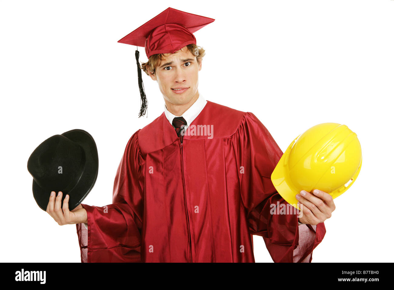 Young graduate trying to decide on a career path Isolated on white ...