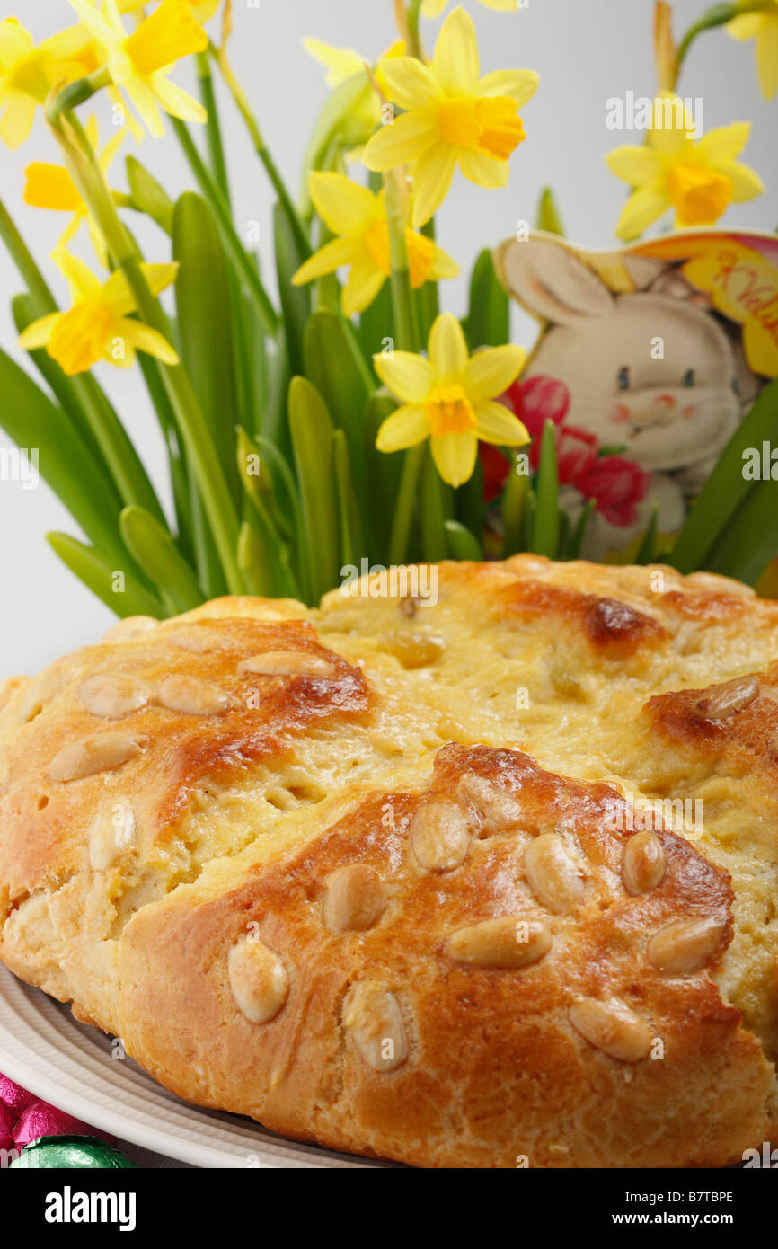 Happy Easter traditional cake pastry on a plate table sourdough sweet ...