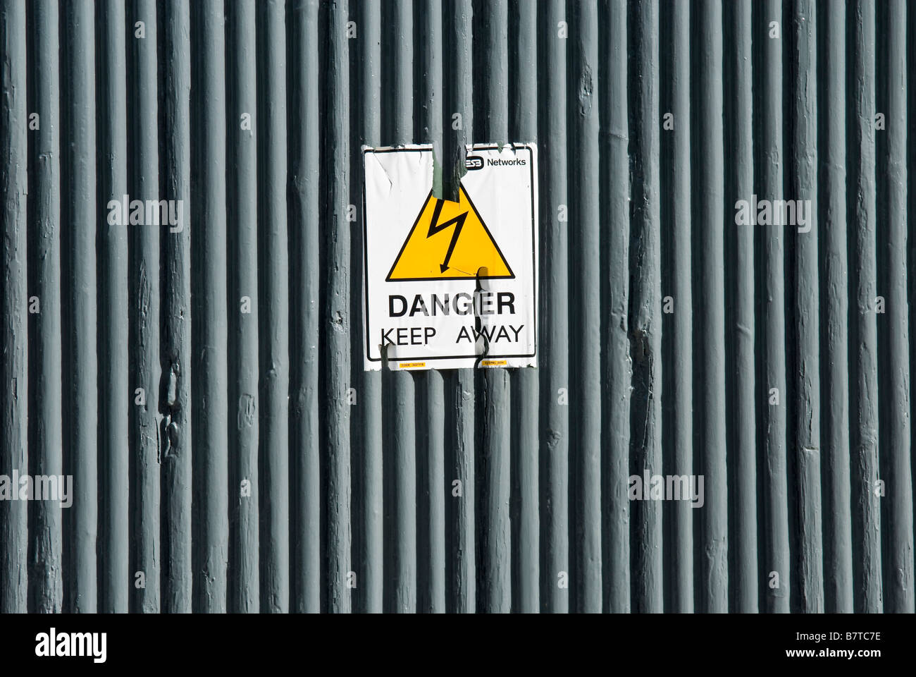 Electrical power danger sign on wall, Docklands Dublin Ireland, August ...