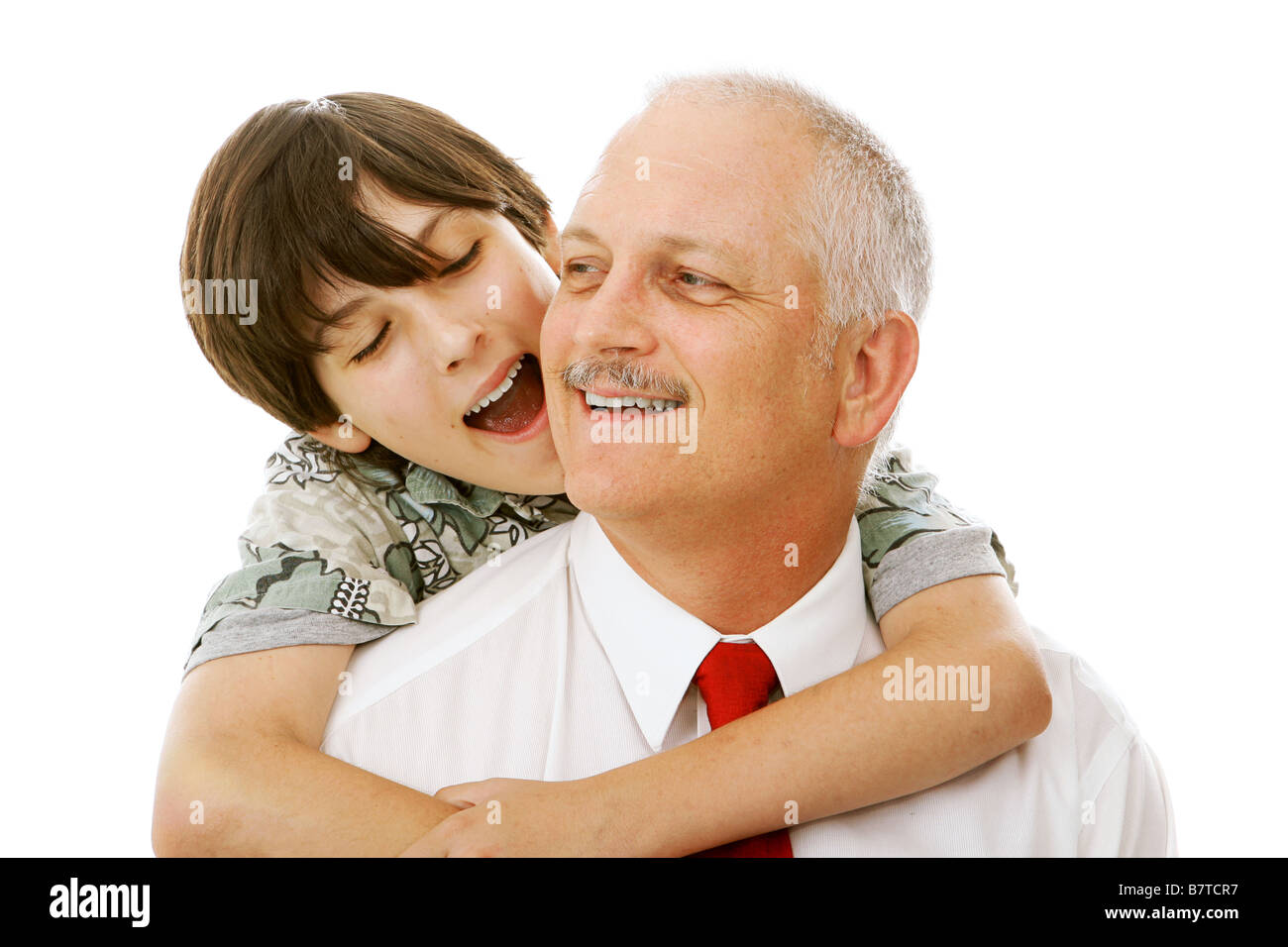 Son giving his father a hug Isolated on white background Stock Photo ...