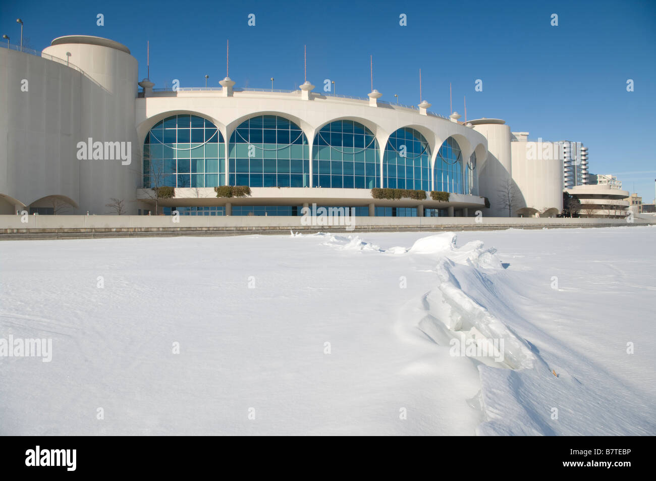 View of Monona Terrace Convention Center from frozen Lake Monona ...