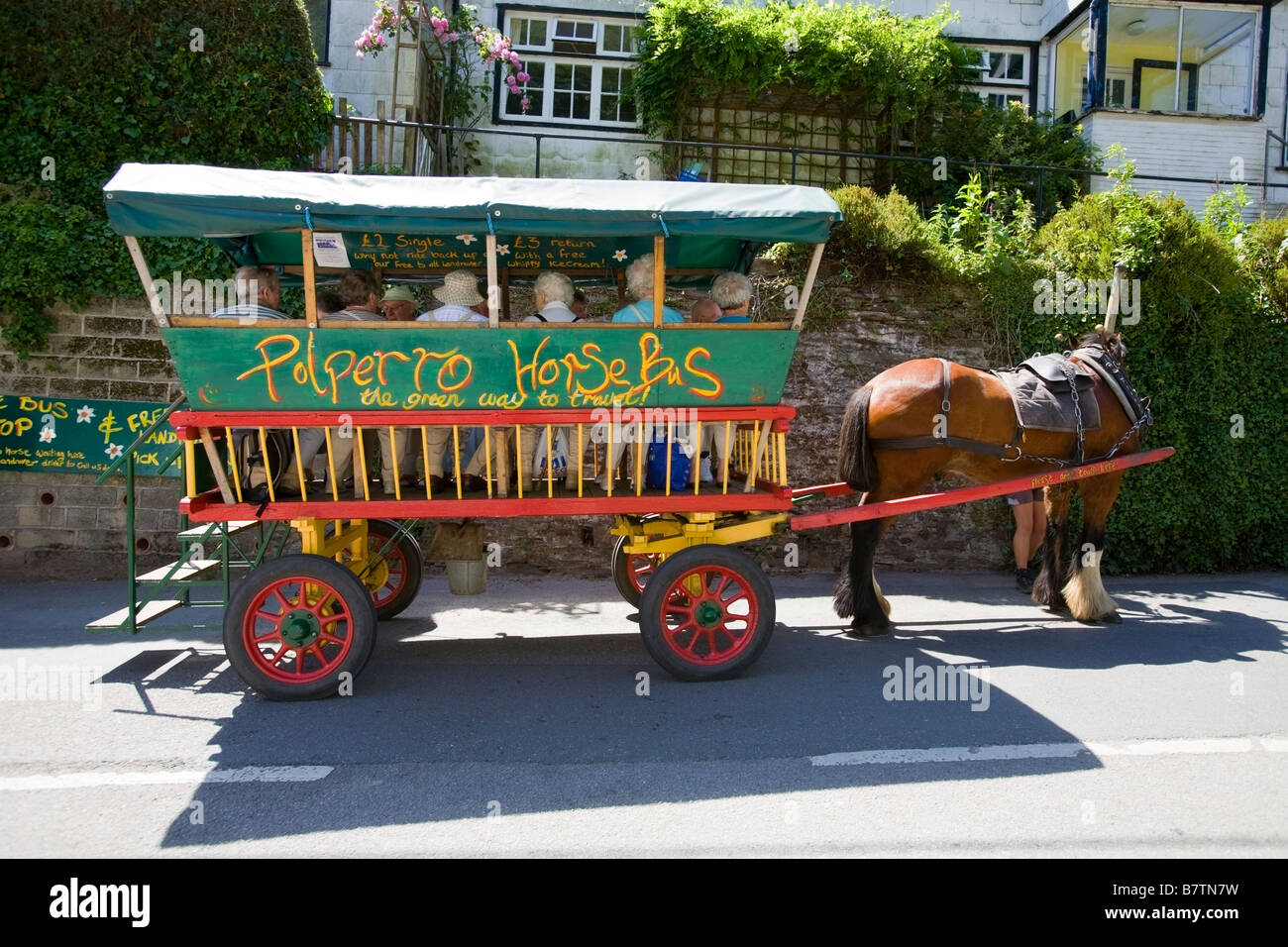 pensioners outing on Polperro horse drawn bus Cornwall, UK Stock Photo ...