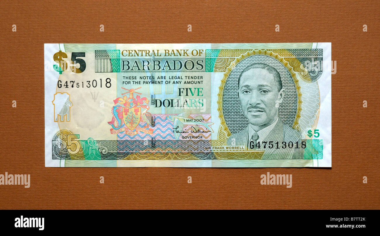 Barbados 5 Five Dollar Bank Note Stock Photo - Alamy