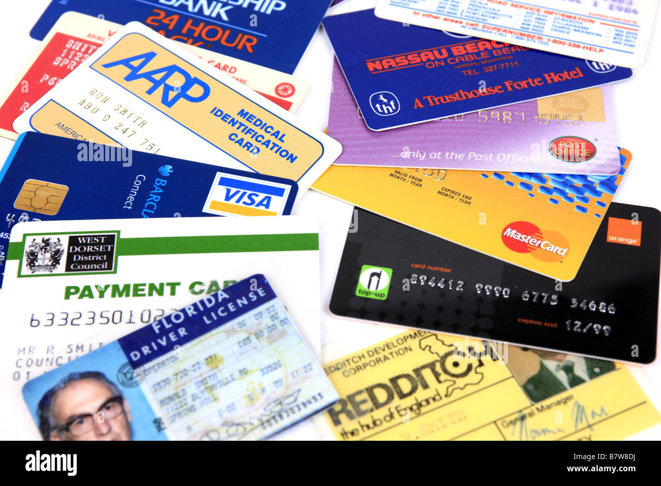 A selection of Credit debit and Charge cards and ID cards Stock Photo ...