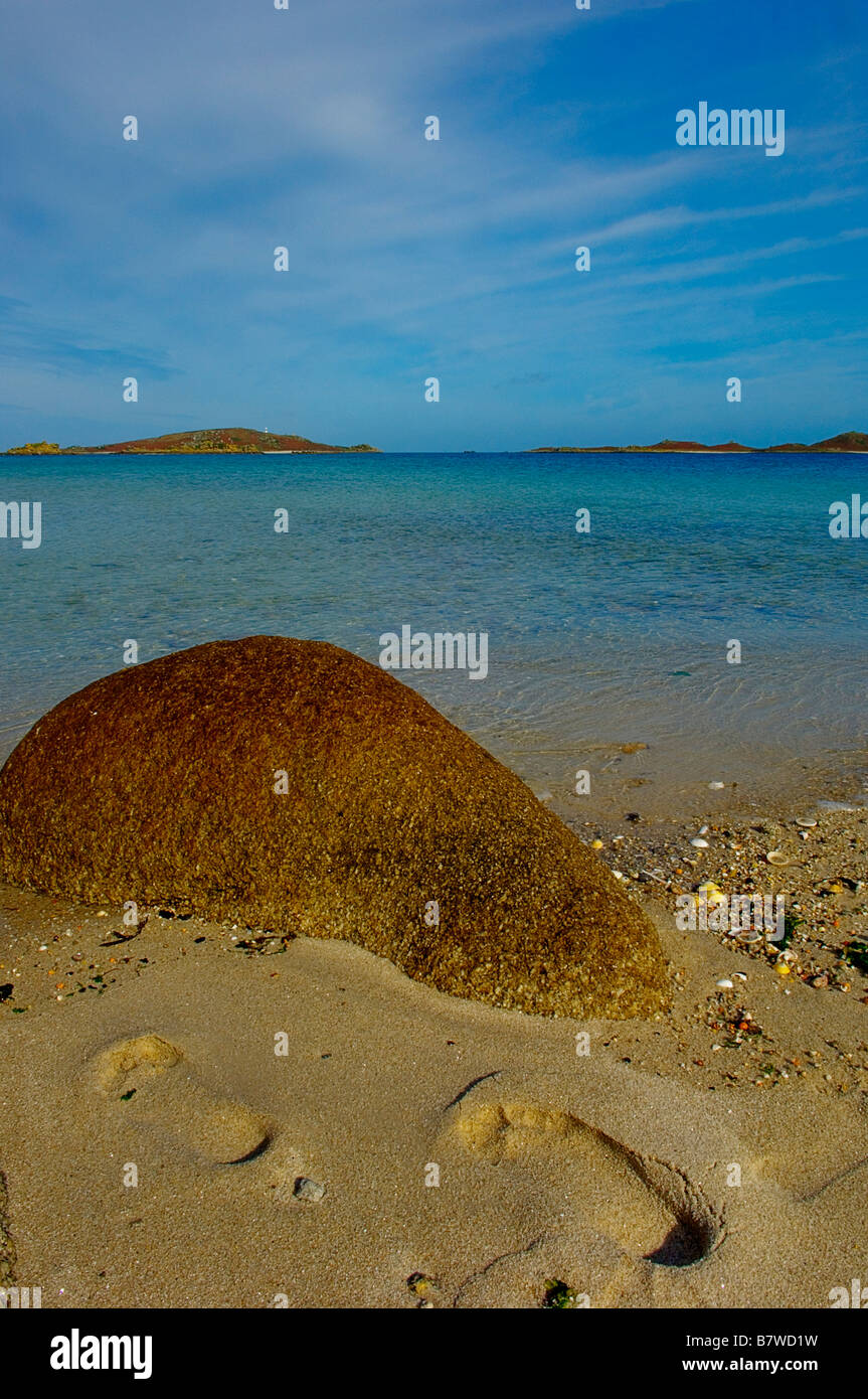 Footprints in the wet sand at Blockhouse Point beach. Tresco Isles of ...