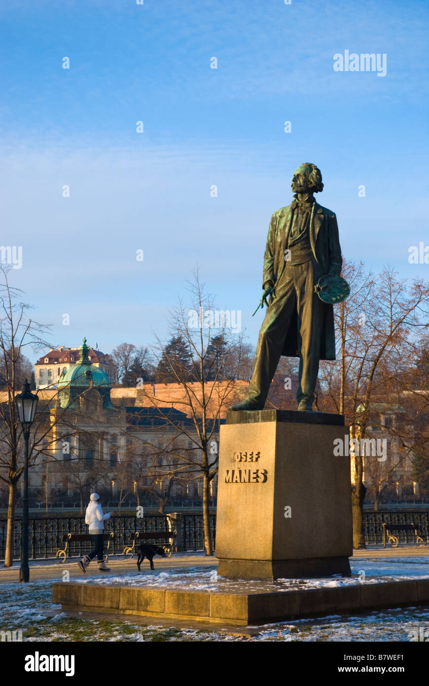 Statue of painter Josef Manes at along Alsovo nabrazi street in old ...