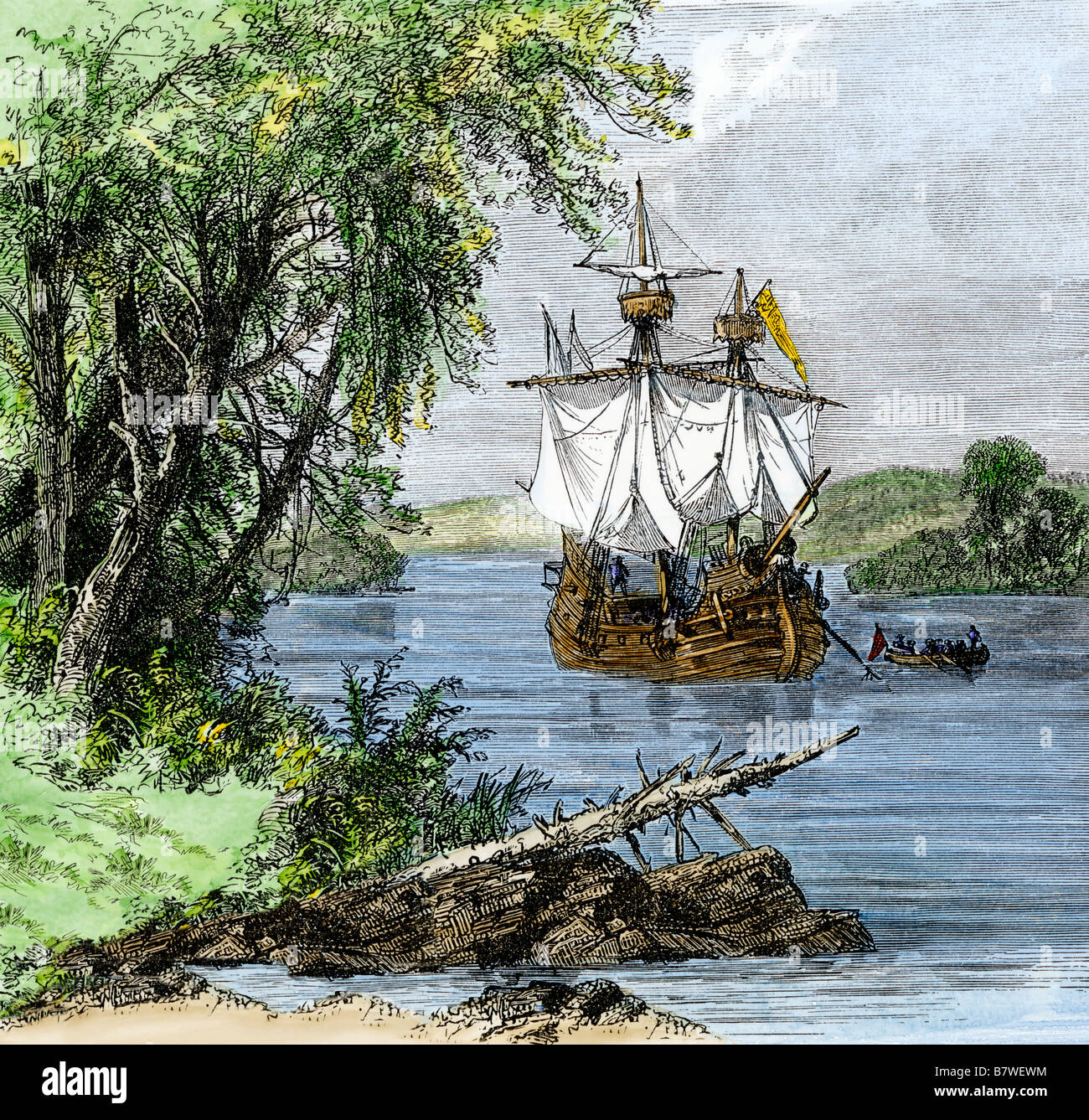 Giovanni da Verrazano landing in Newport harbor 1500s. Hand-colored ...