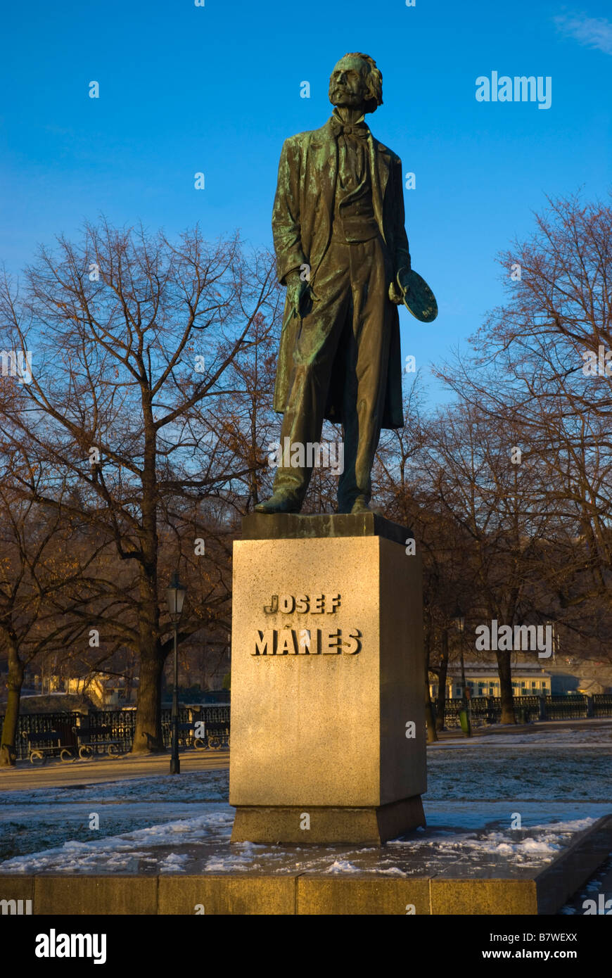 Statue of painter Josef Manes at along Alsovo nabrazi street in old ...