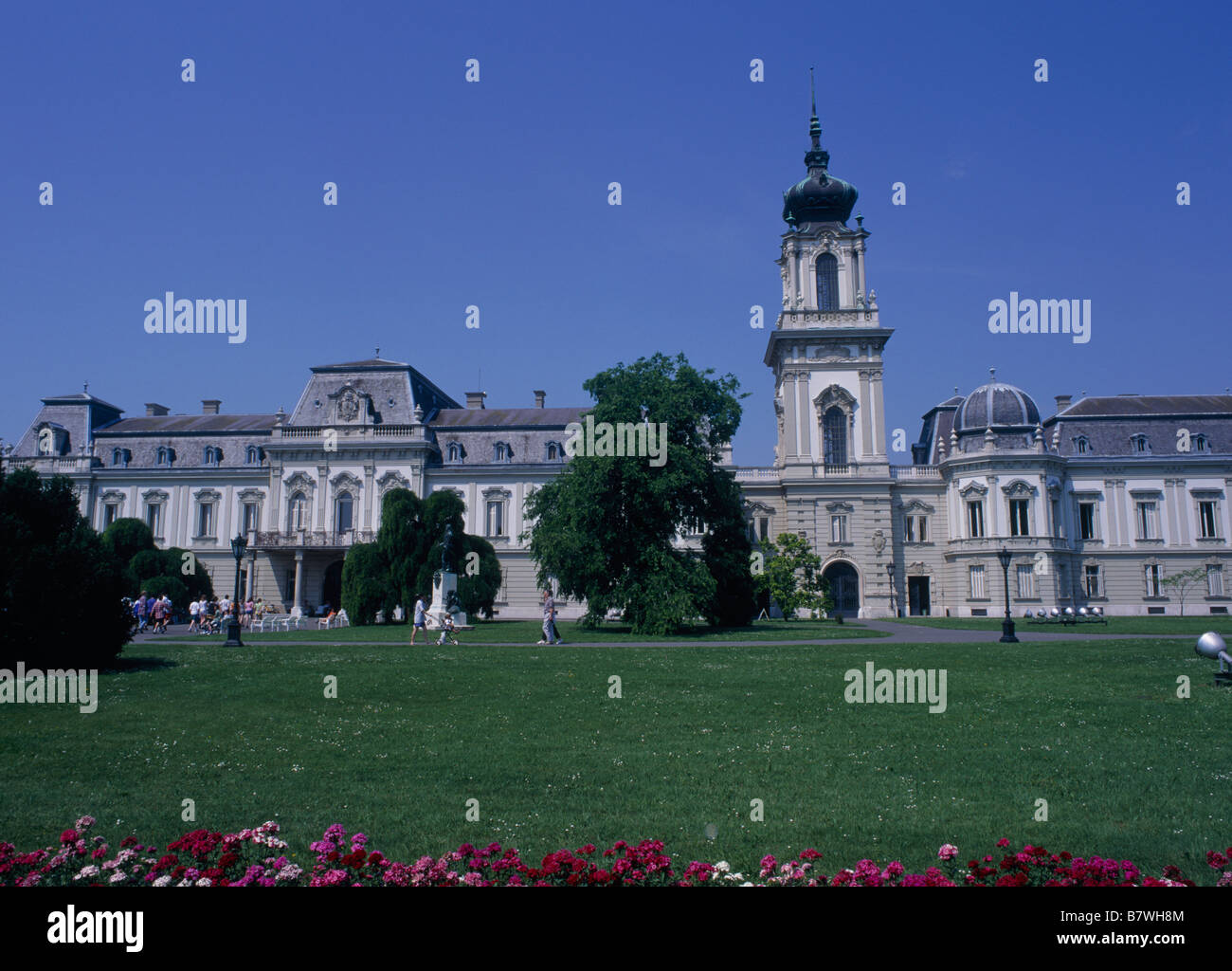 Festetics Palace Facade Tower Domed roof Cafe seating People Gardens ...