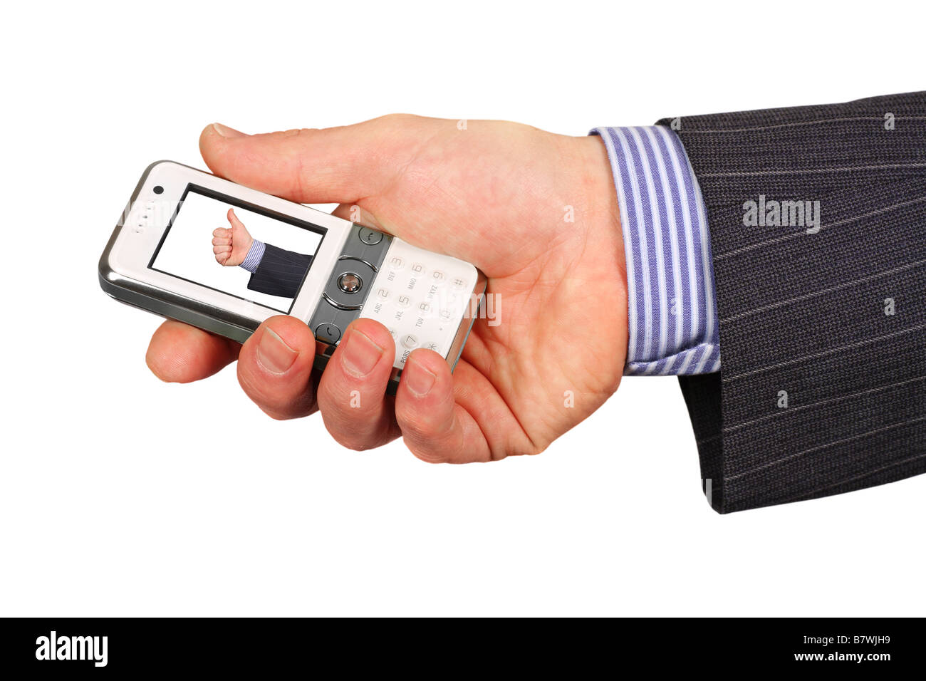 business man holding modern mobile phone with thumbs up hand gesture ...