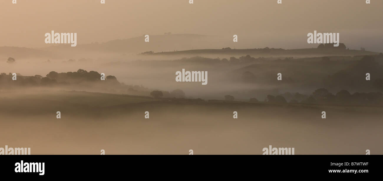 Mist hangs low over fields at dawn in rural Devon Crediton Devon ...