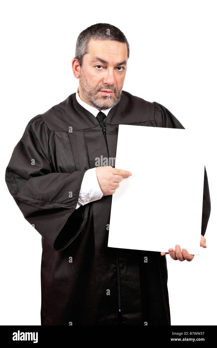 A serious judge holding the blank card isolated on white background ...