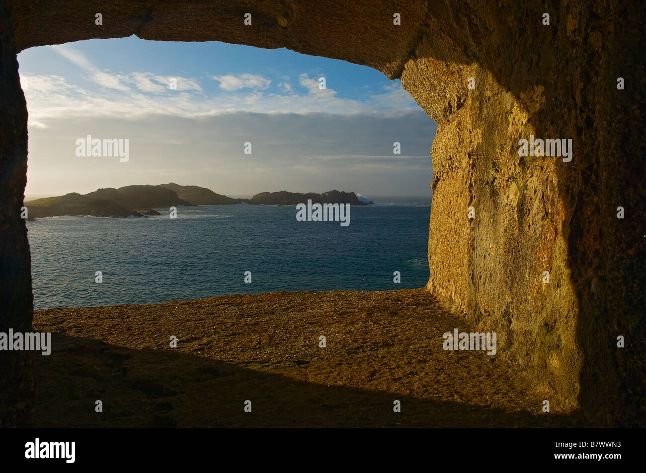 A view of Bryher taken from a look out window at Cromwell's Castle ...
