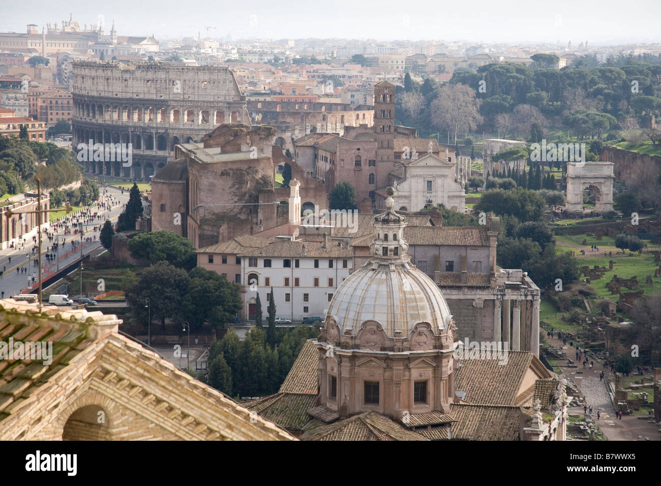 Panoramic view of Roman Forum and Colosseum, Rome, Italy Stock Photo ...