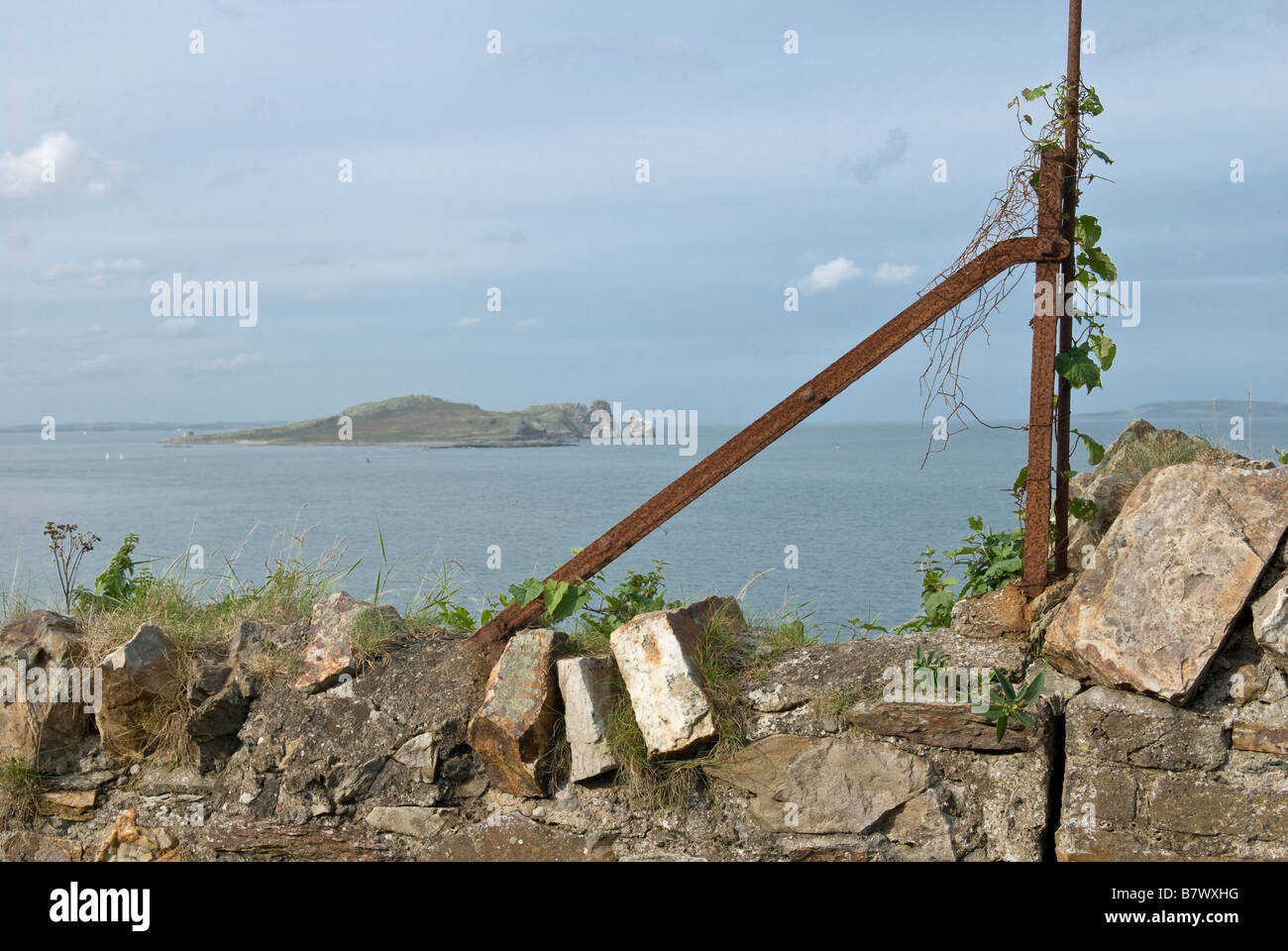 Broken fence on stone wall and Ireland's Eye, Howth Peninsula, Dublin ...