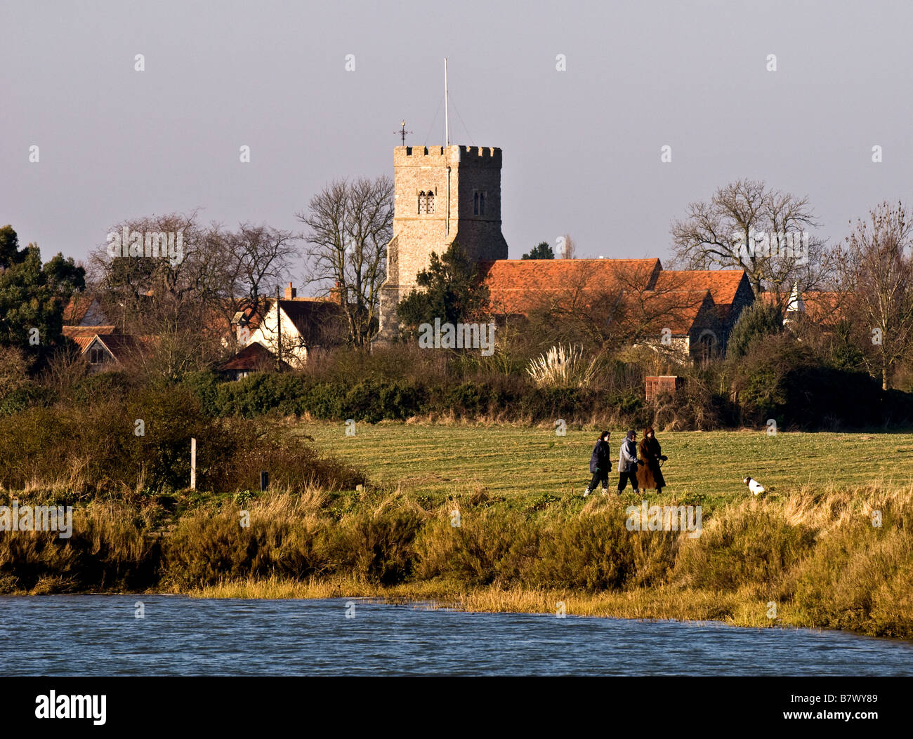 People and a dog walking past St Peter s Church in Goldhanger village ...