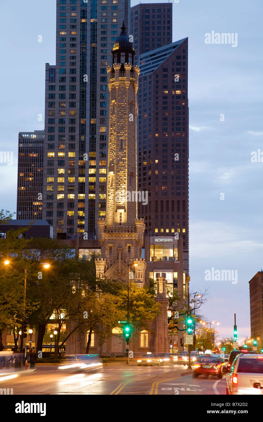 ILLINOIS Chicago Water Tower building on Michigan Avenue at dusk north ...