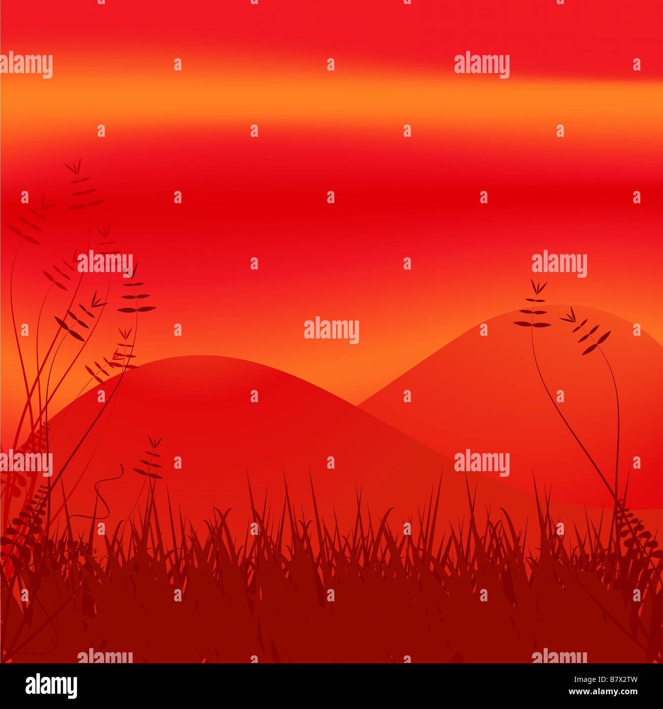 abstract red hill side landscape with grass and wild plants Stock Photo ...