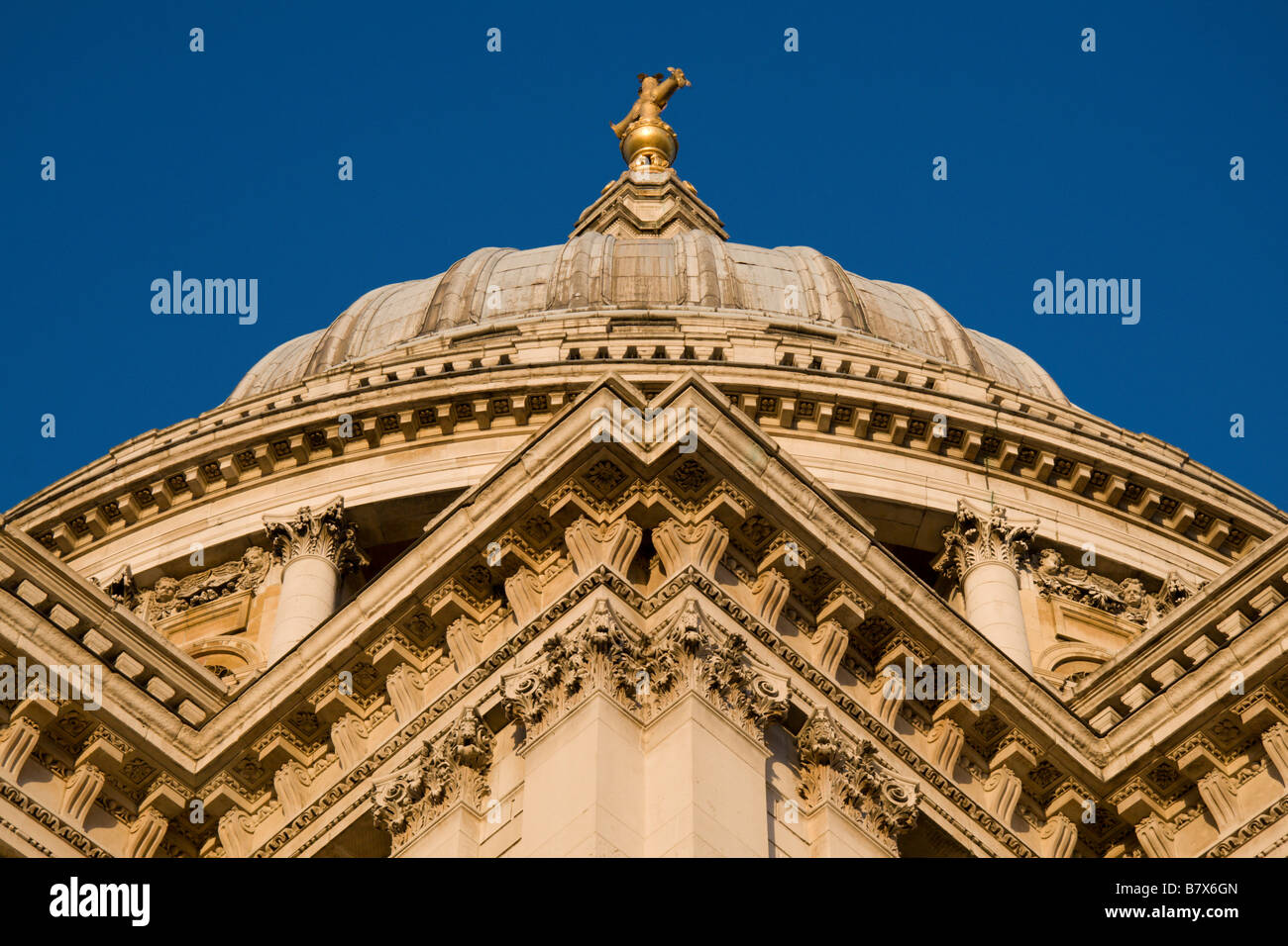 Close-up abstract view of a detail and the dome of St Paul's Cathedral ...