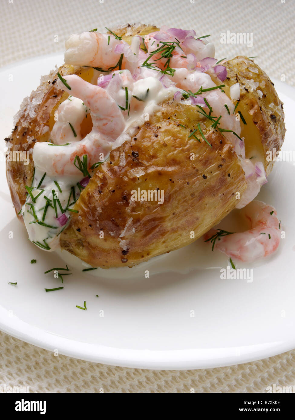 Jacket potato with cold water prawns Stock Photo - Alamy
