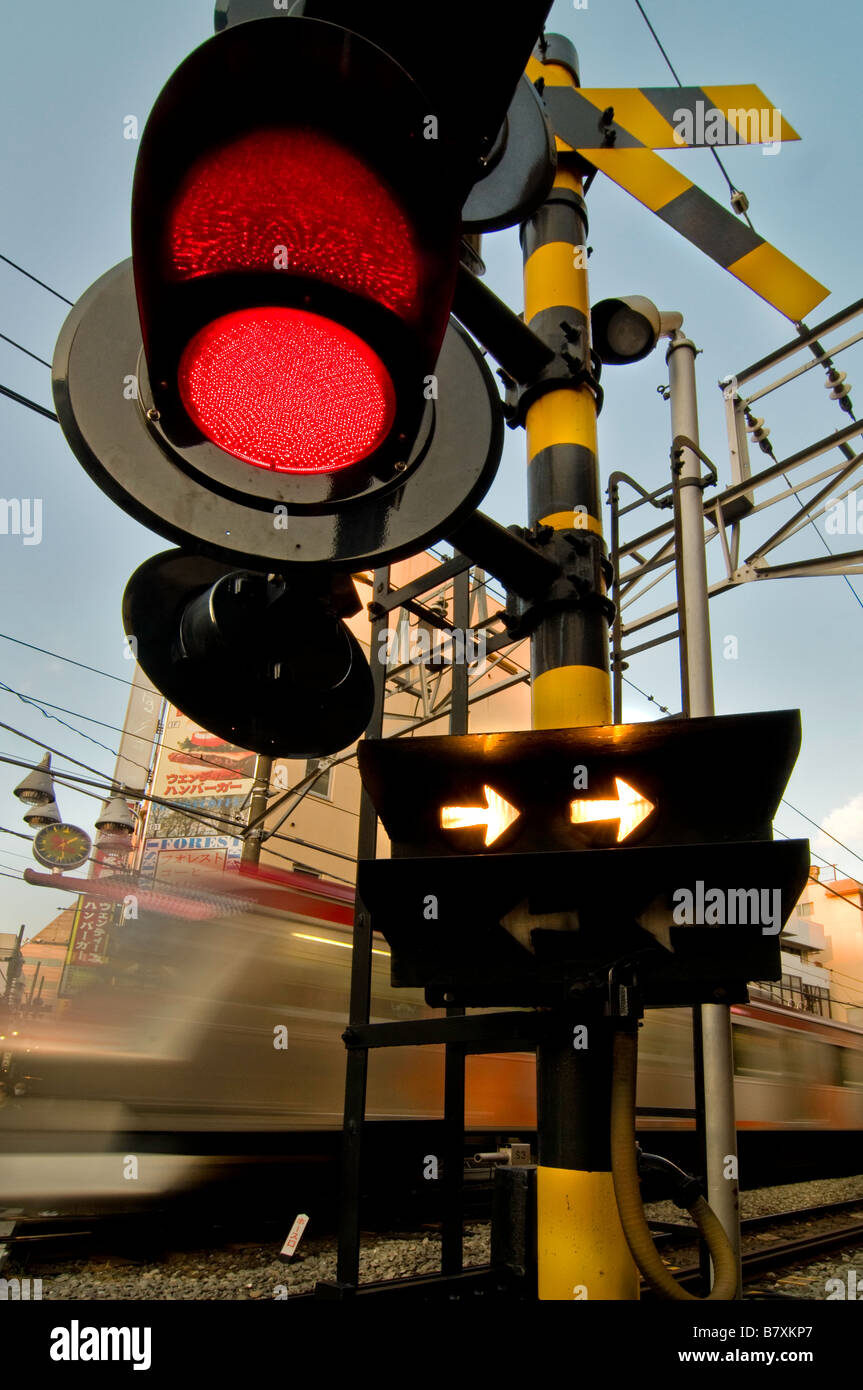 red traffic light train crossing intersection high speed stop Stock ...