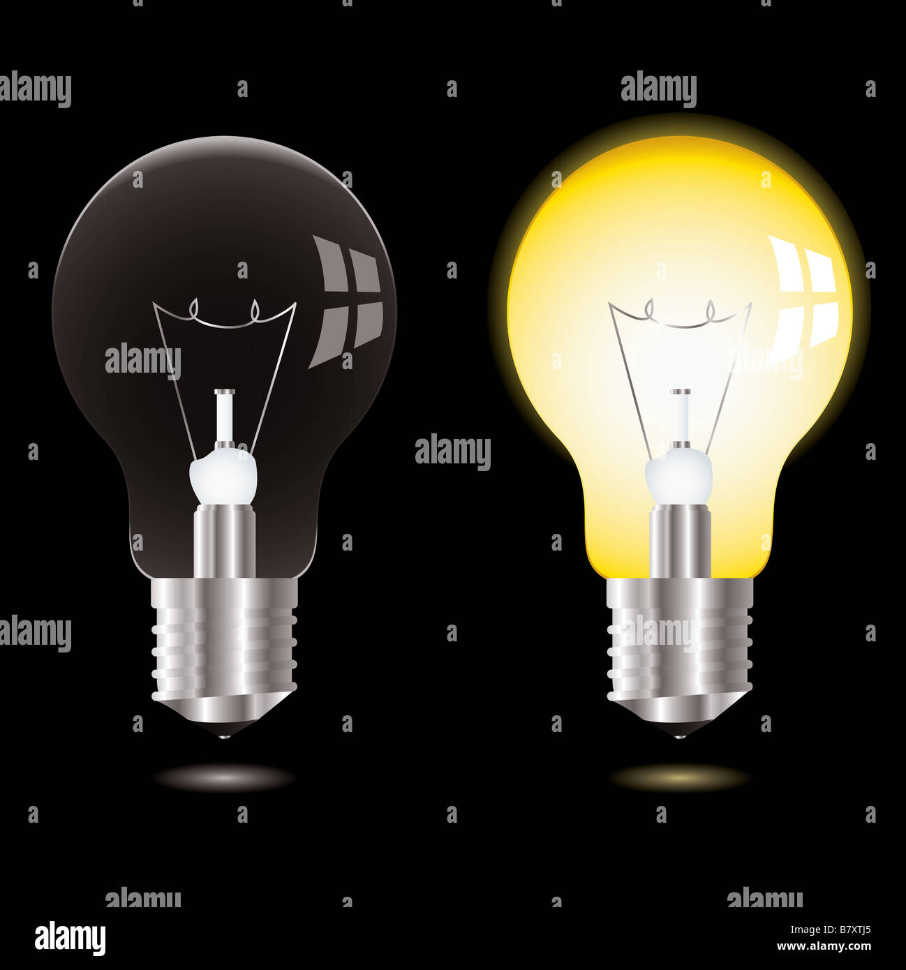 Two illustrations of a light bulb one off the other on and bright Stock ...