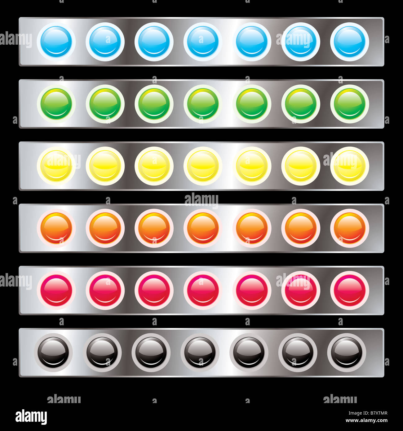 Round button interface with colorful variations on a silver background ...