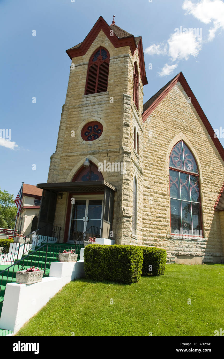ILLINOIS DeKalb Stairway leads to entrance of small town stone church ...