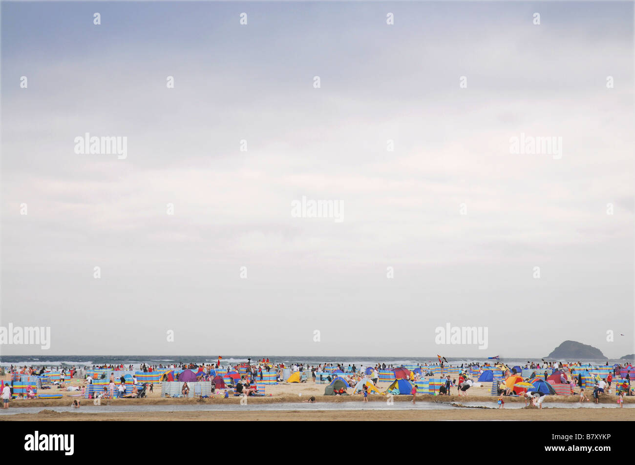An overcast summer day on the beach at Perranporth, Cornwall, UK Stock ...