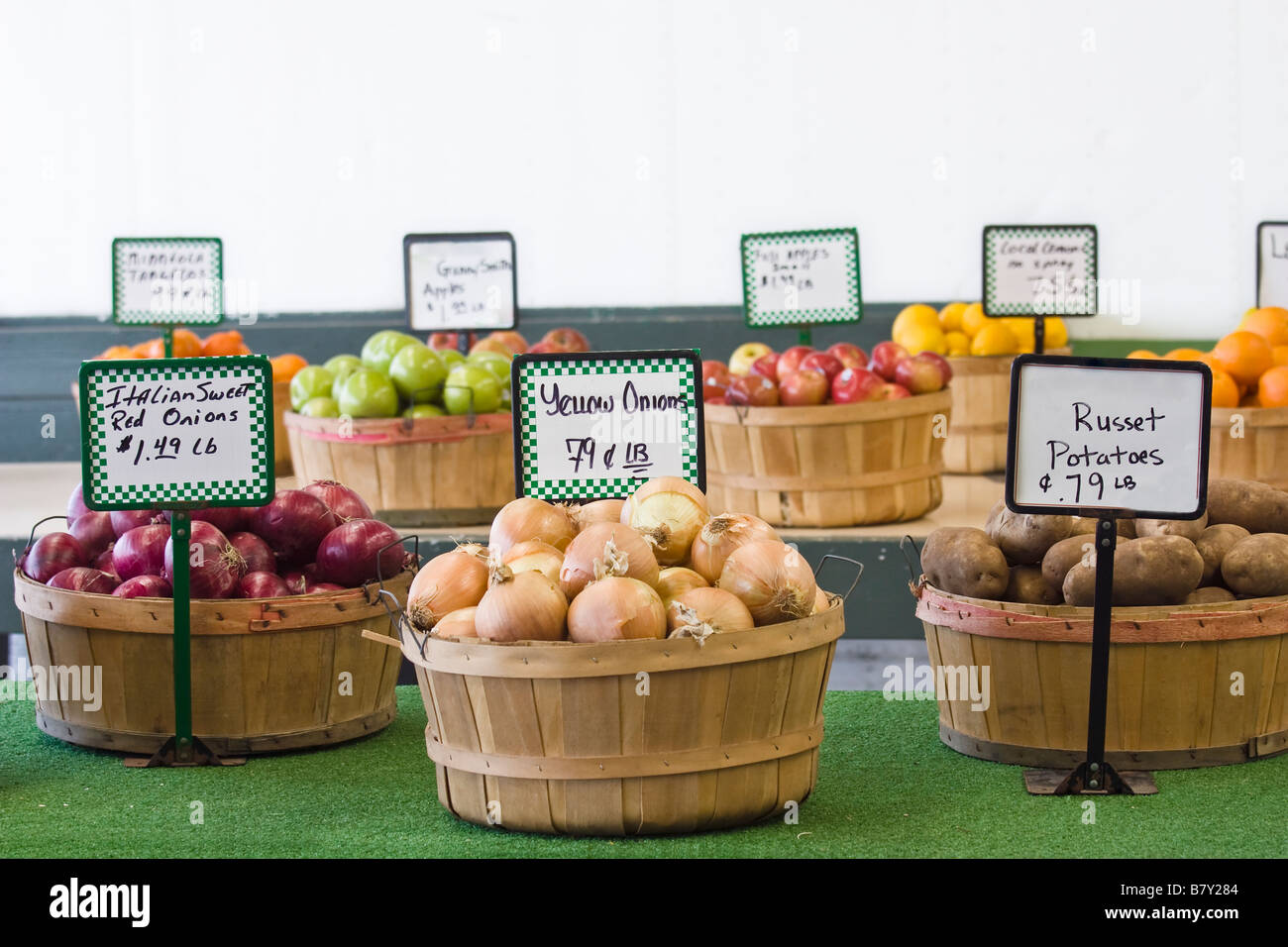 Market stall with panels for price Horizontal shot Stock Photo - Alamy