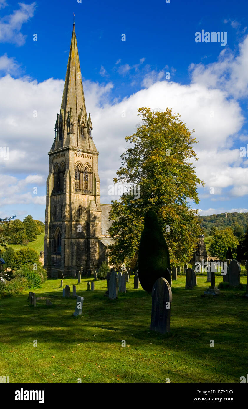 Spire of St Peter's Church in Edensor village near Bakewell in the ...