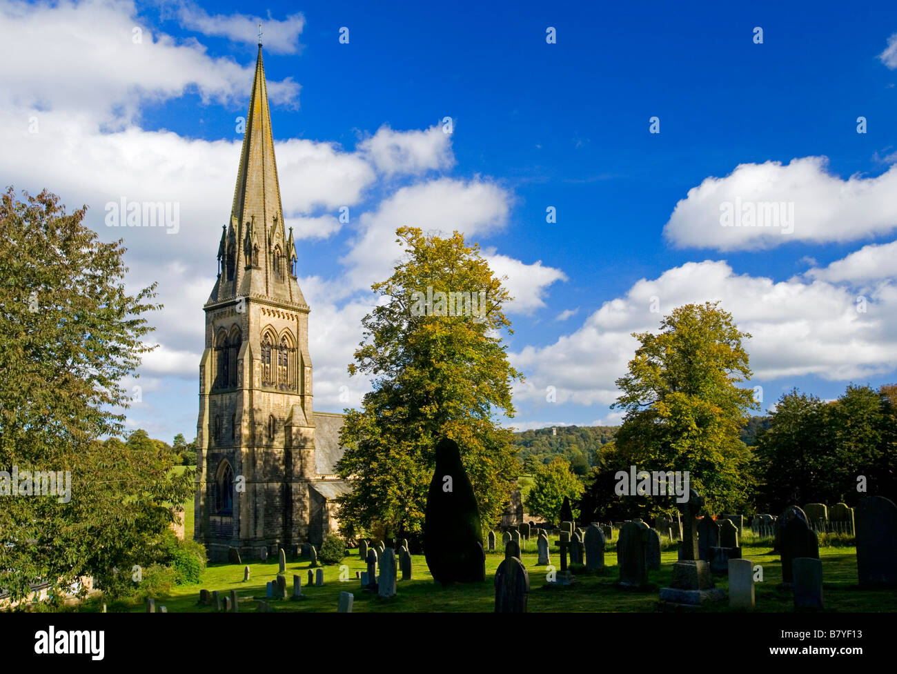 Spire of St Peter's Church in Edensor village near Bakewell in the ...