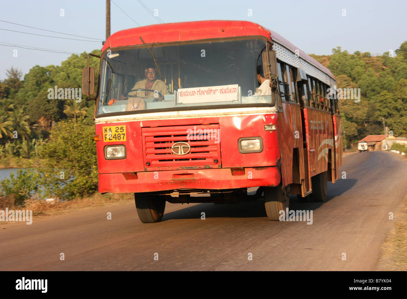 Tata state bus at speed in rural Karnataka India Stock Photo - Alamy