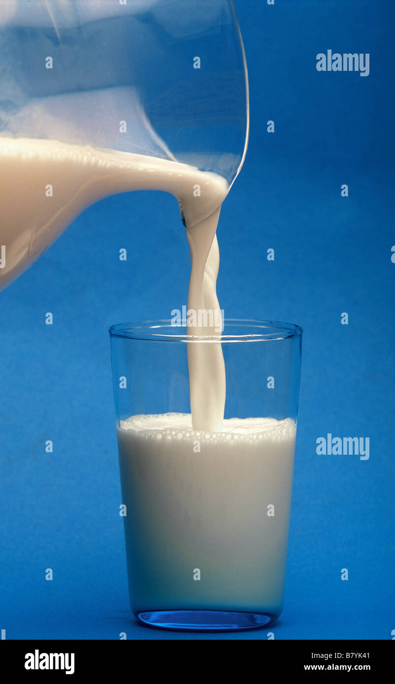 Milk pouring into glass from jug Stock Photo - Alamy
