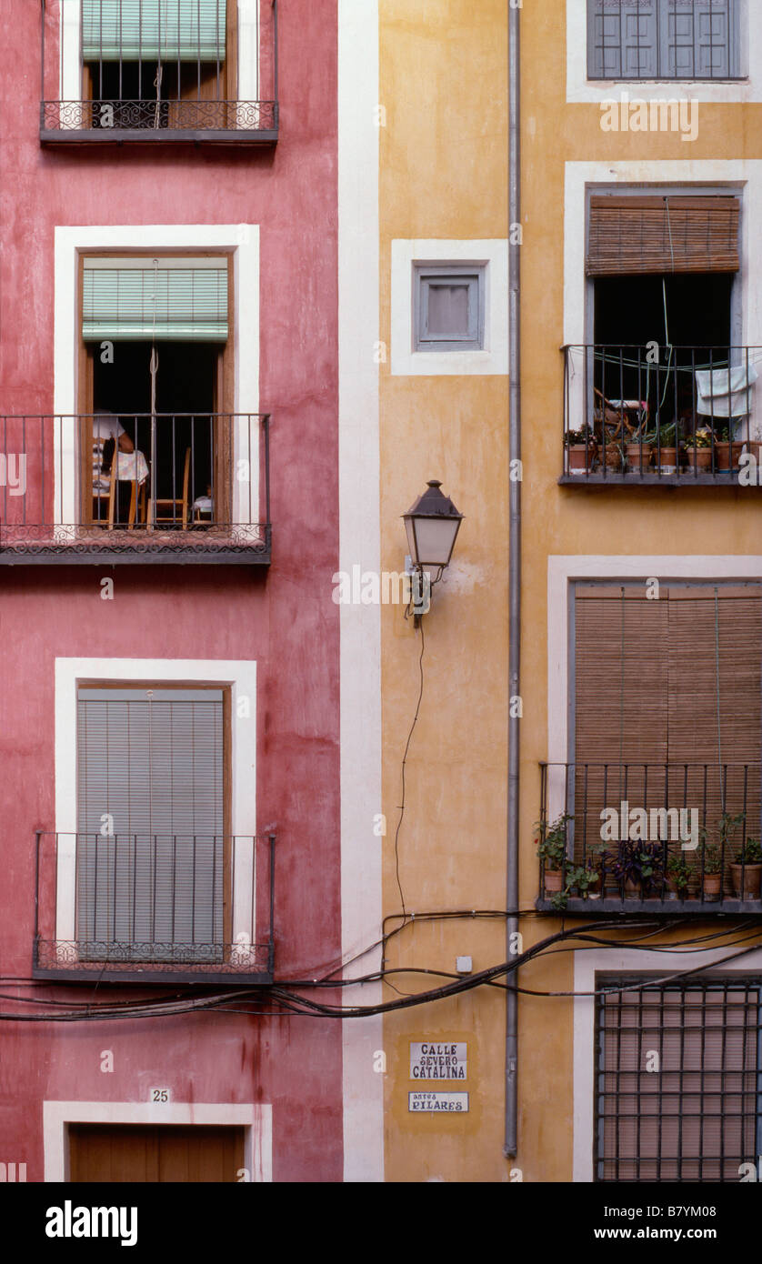 Brightly painted houses in the Calle Severno Catalina Cuenca Castile la ...
