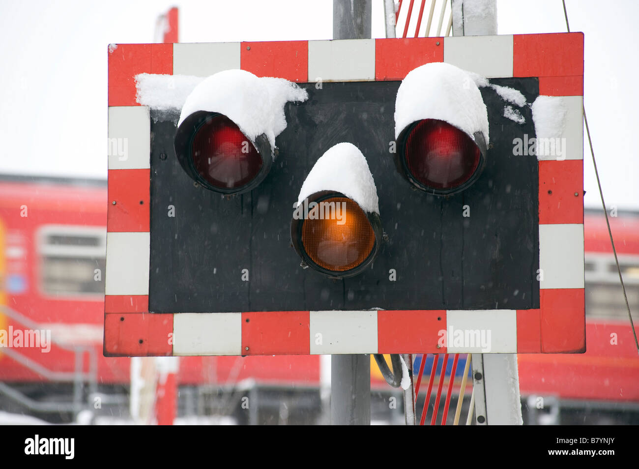 Level Crossing warning lights covered in snow Stock Photo - Alamy
