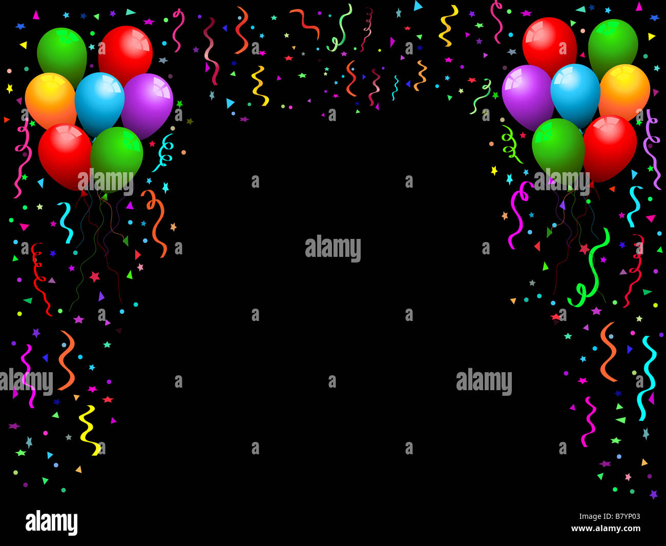 Party background of falling confetti streamers and balloons Stock Photo ...