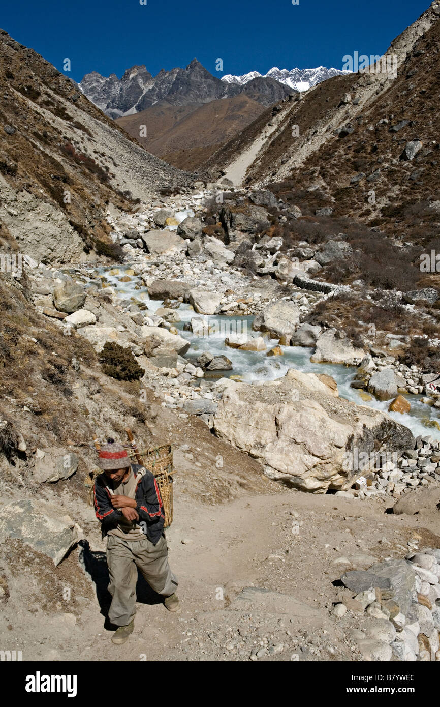 Nepali porter carrying goods in Dingboche surroundings in Everest ...