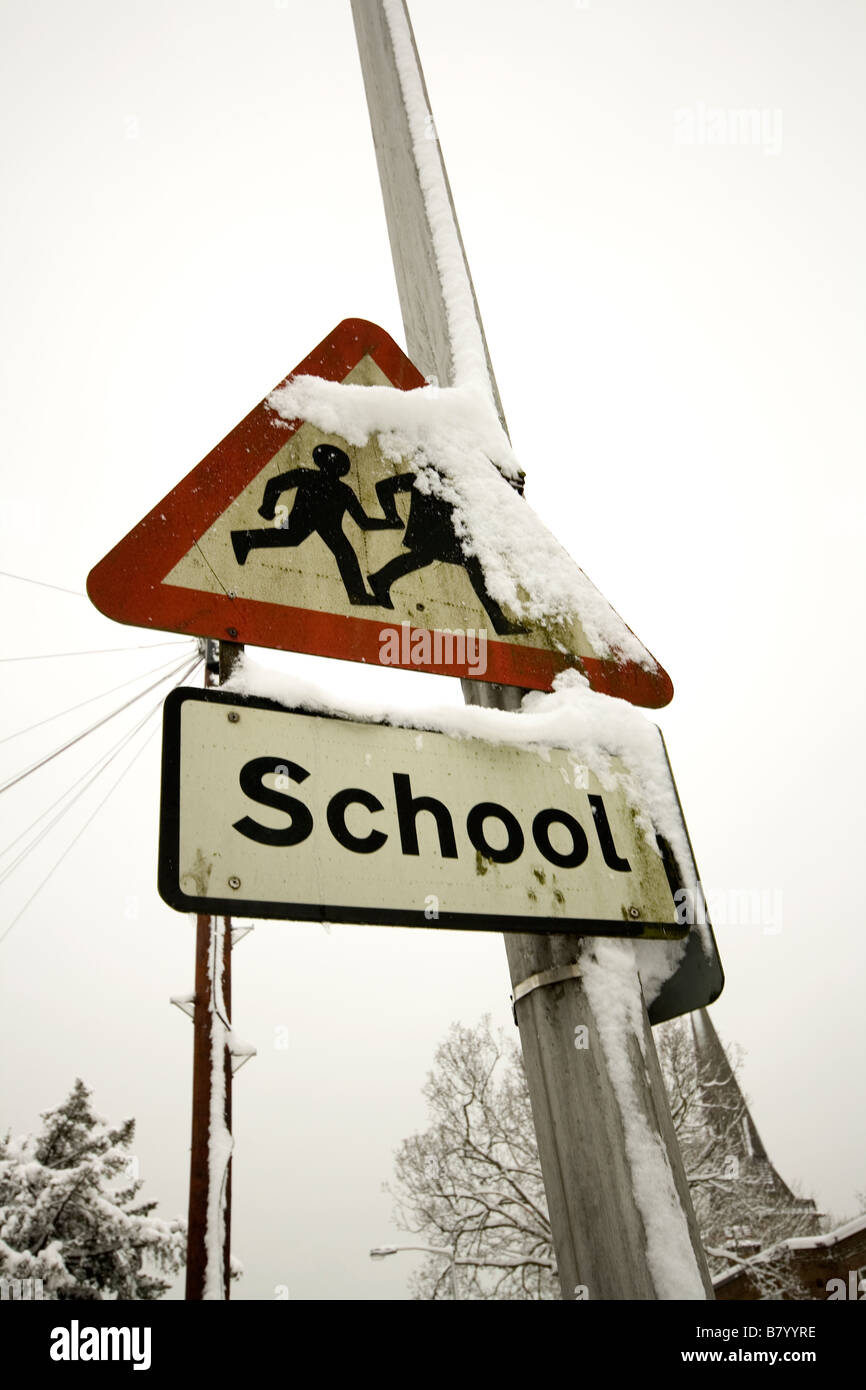 A snow covered school sign Stock Photo - Alamy