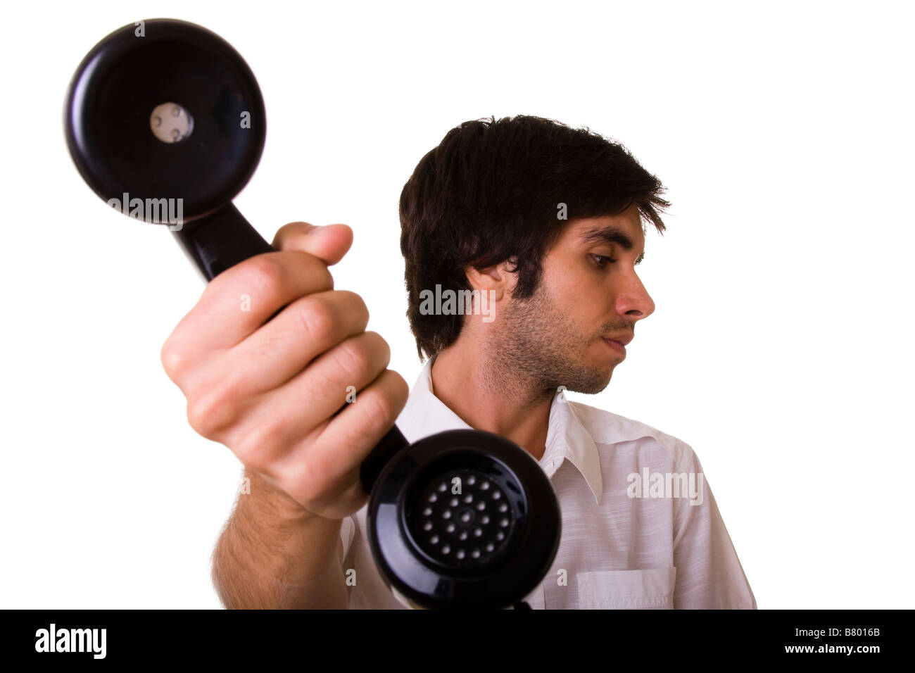 young men giving you the telephone receiver selective focus Stock Photo ...